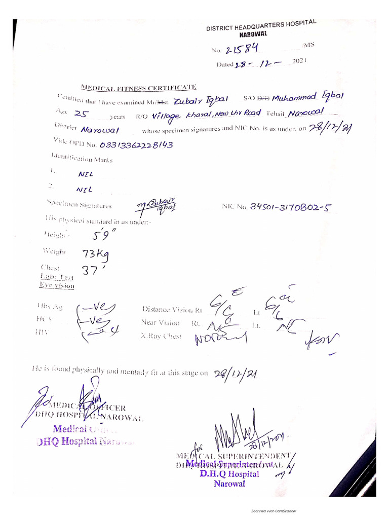 Physical Examination Certificate | PDF