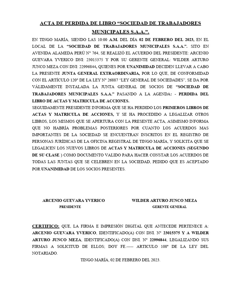 Actas Perdidas y Legalización | PDF | Documento de identidad