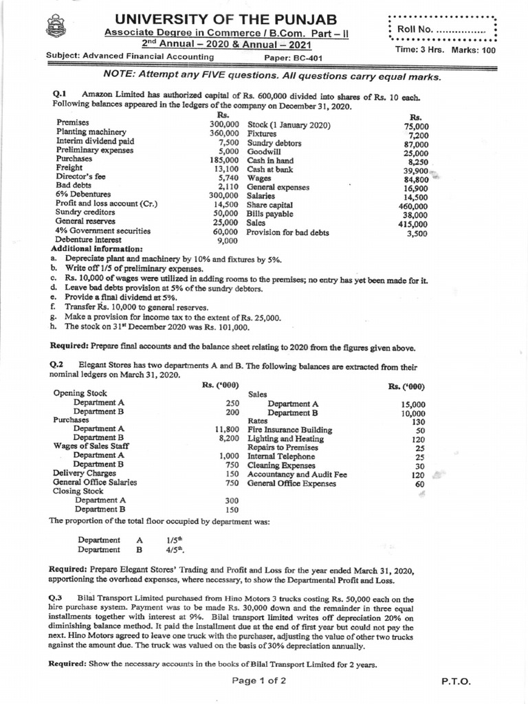 Advanced Financial Accounting Past Paper 2021 | PDF | Business | Investing