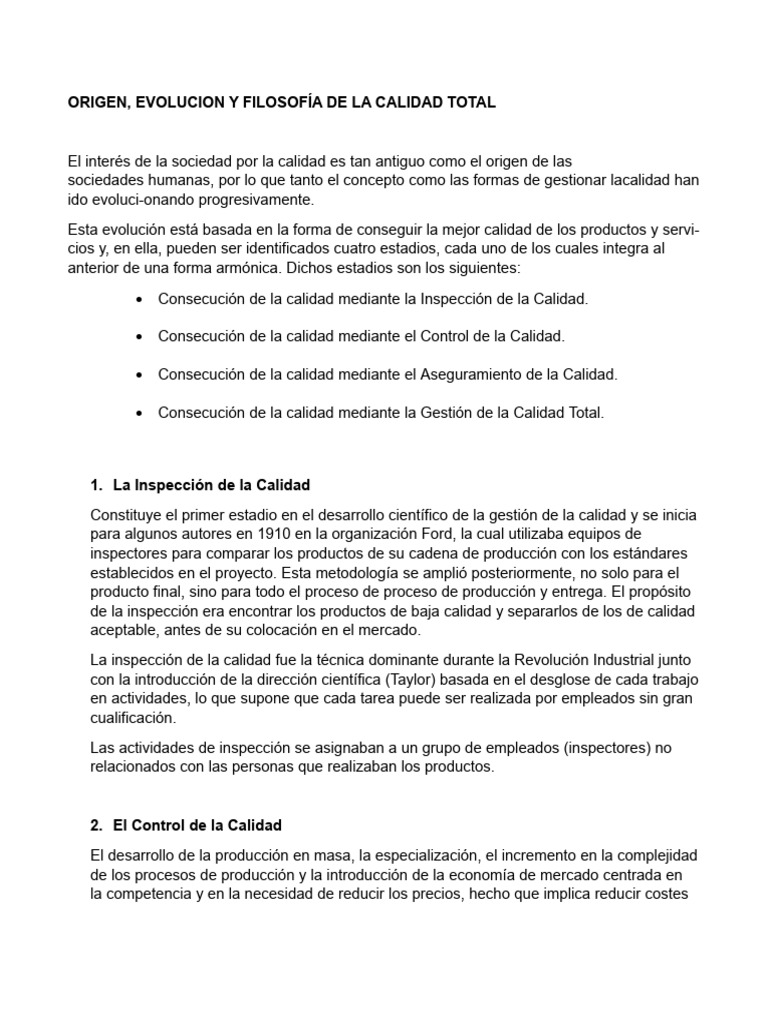 Origen, Evolucion y Filosofía de La Calidad Total | PDF | Calidad (comercial) | Gestión de la ...