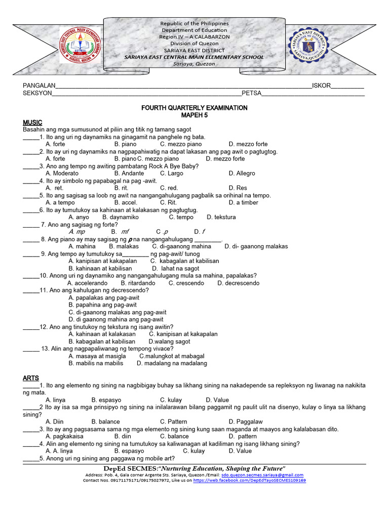 Mapeh Q4 Assessment | PDF