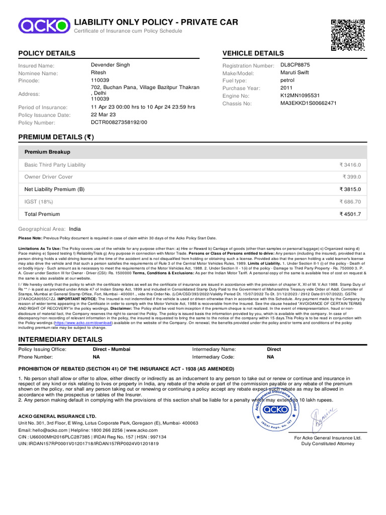Liability Only Policy - Private Car: Policy Details Vehicle Details ...