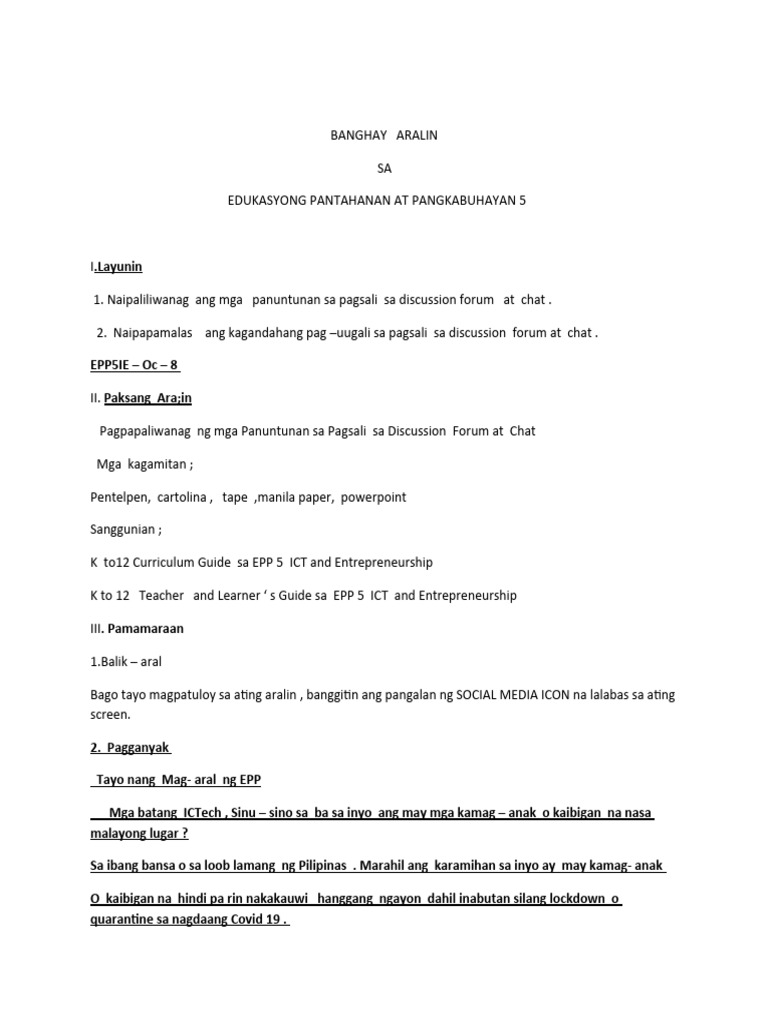 Banghay Aralin Sa Epp 5 | PDF
