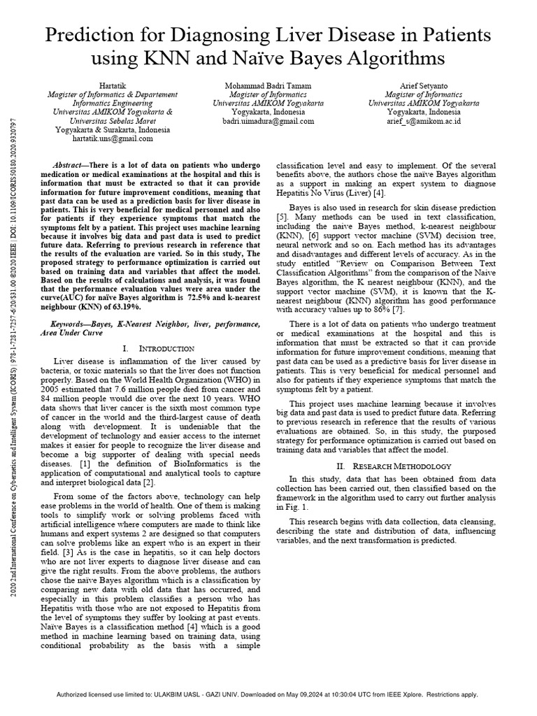 Prediction For Diagnosing Liver Disease in Patients Using KNN and Nave Bayes Algorithms | PDF ...