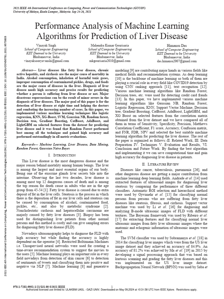 Performance Analysis of Machine Learning Algorithms For Prediction of Liver Disease | PDF ...