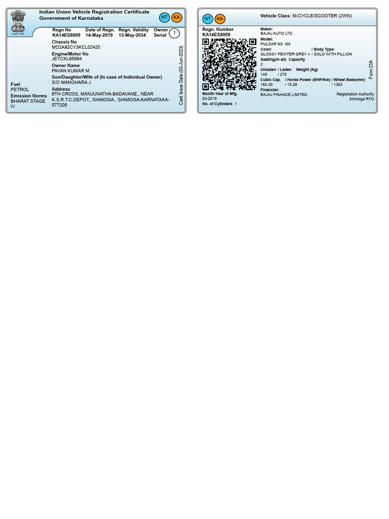 Rto - RC Card | PDF | Vehicle Technology | Automotive Technologies