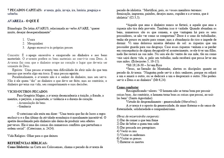 Avareza: Pecado e Significado Bíblico | PDF | Ganância | Dinheiro
