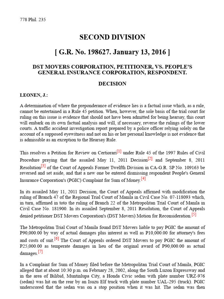 8-DST Movers V Philippine General Insurance | PDF | Evidence (Law ...