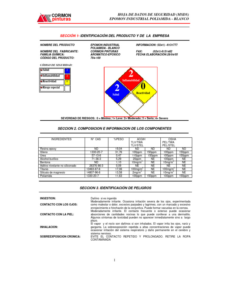 Epomon Poliamida Blanco 794-100 MSDS | Descargar gratis PDF ...