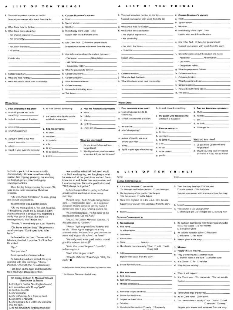 Short Story A List of Ten Things | PDF