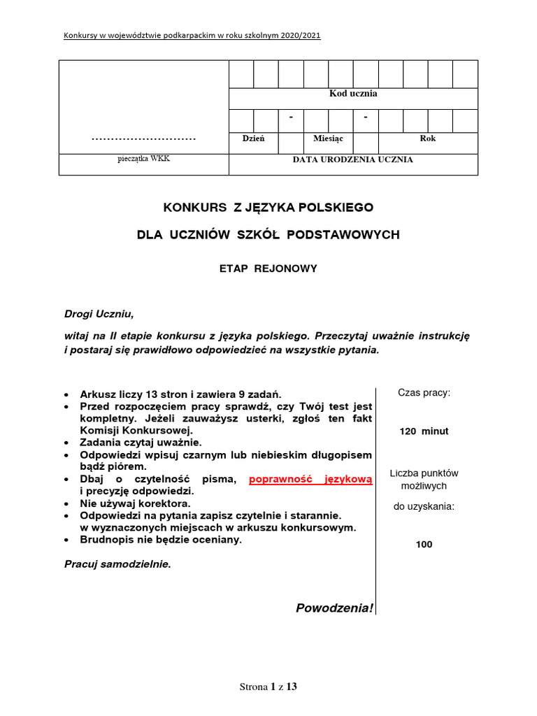 Az Rejonowy 20-21 Jezyk Polski | PDF