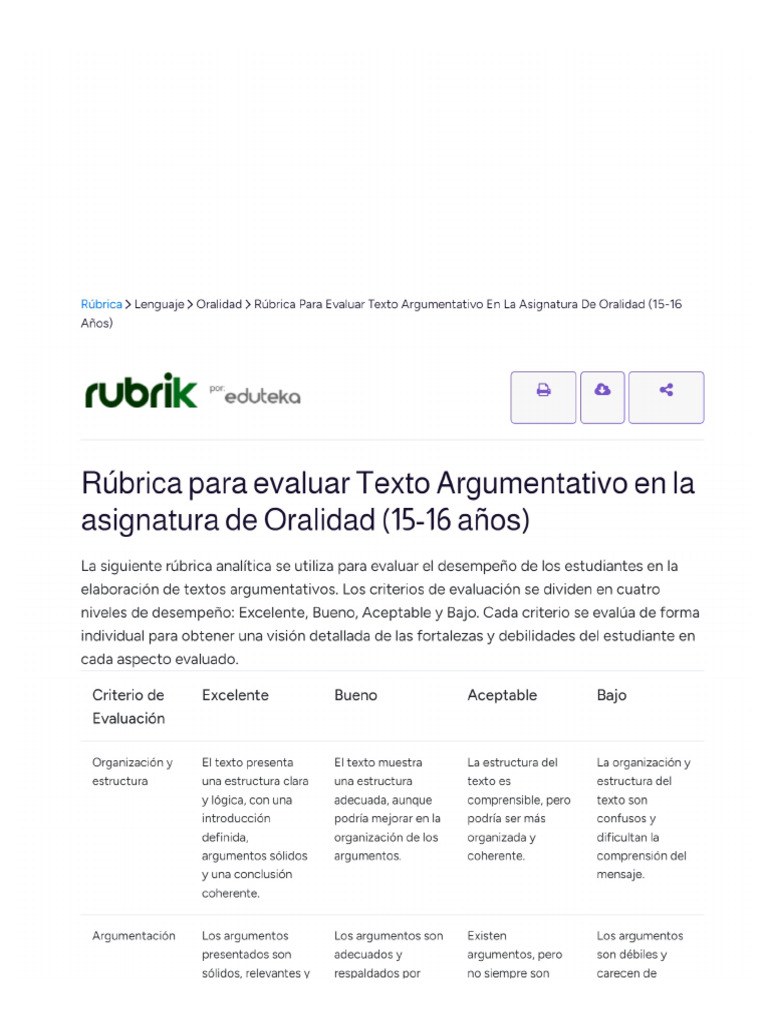 Rúbrica para Evaluar Texto Argumentativo en La Asignatura de Oralidad (15-16 Años) | PDF