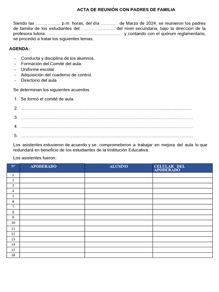 Acta de Reunión Con Padres de Familia 2024 | PDF | Crecimiento personal ...