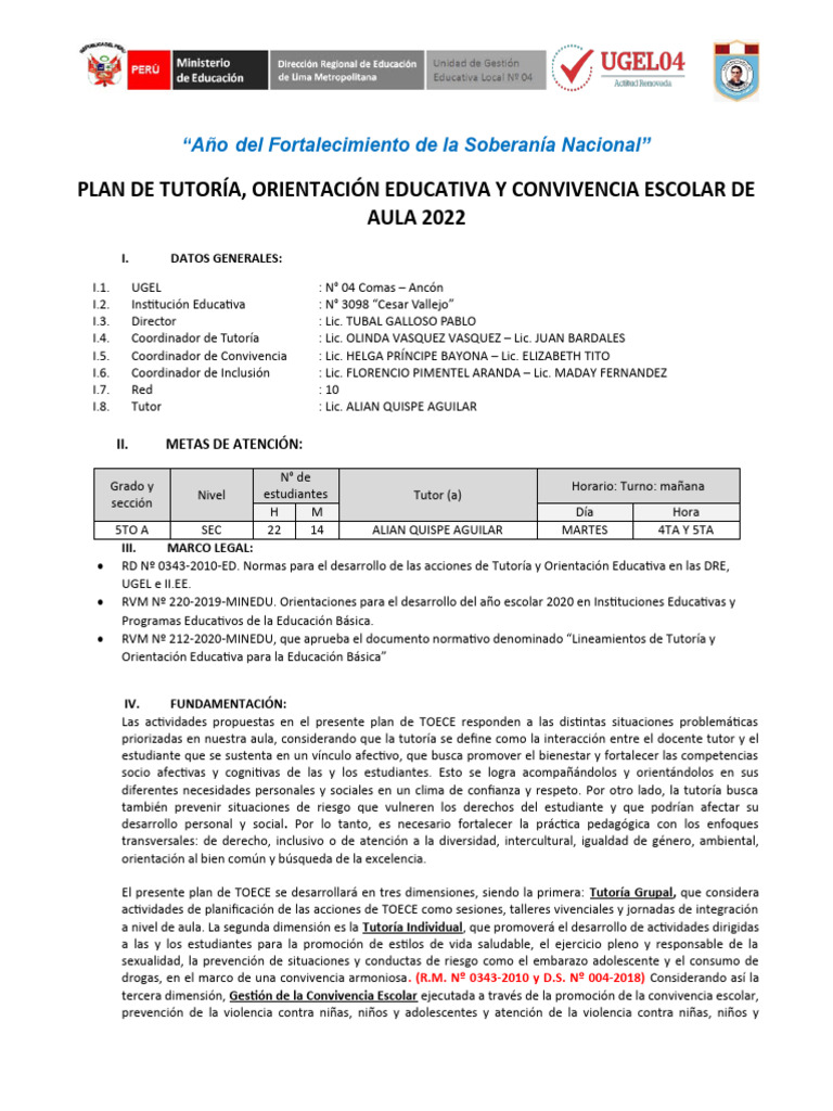 Plan Anual de Tutoria Del Aula I.E 3098 Cesar Vallejo - Primaria y Secundaria | Descargar gratis ...