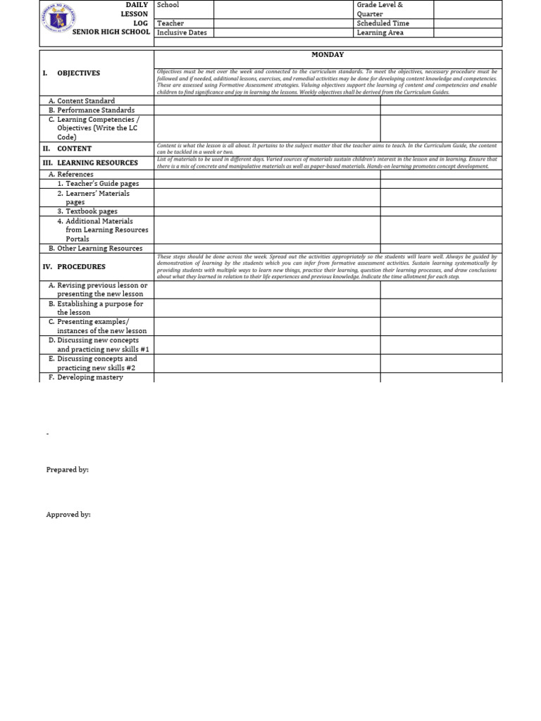 1 SHS Daily Lesson Log DLL Template | PDF | Learning | Curriculum