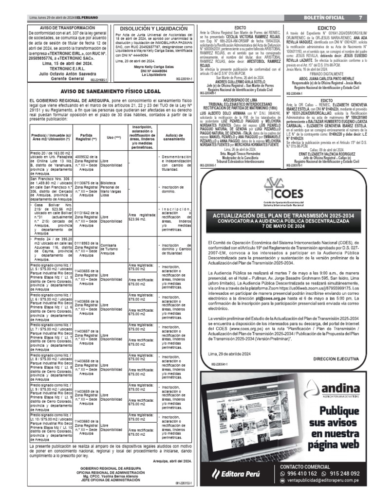 Publicacion Diario Oficial El Peruano - Aviso COES - Audiencia | PDF | Documento de identidad ...
