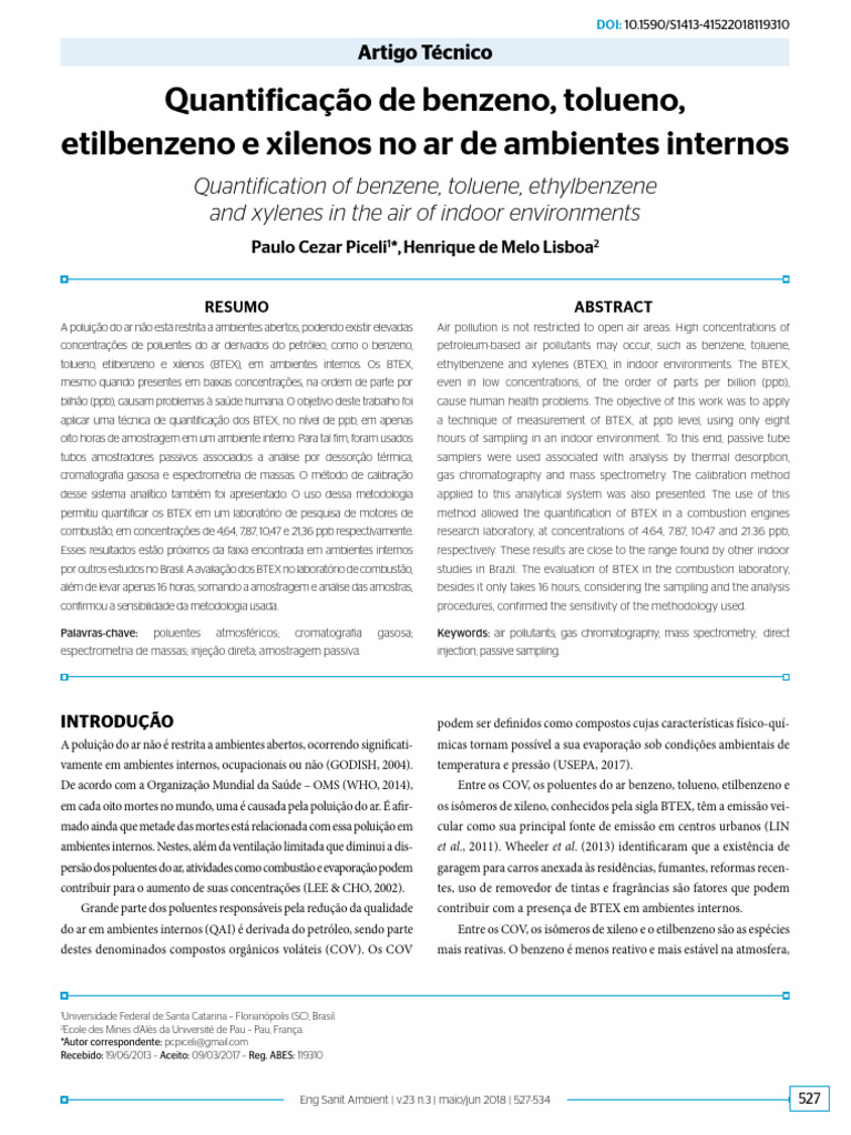 Quantificacao de Benzeno Tolueno Etilbenzeno e Xil | PDF | Poluição do ...