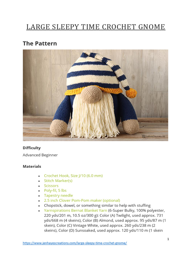 Large Sleepy Time Crochet Gnome Pattern | PDF | Crochet | Yarn