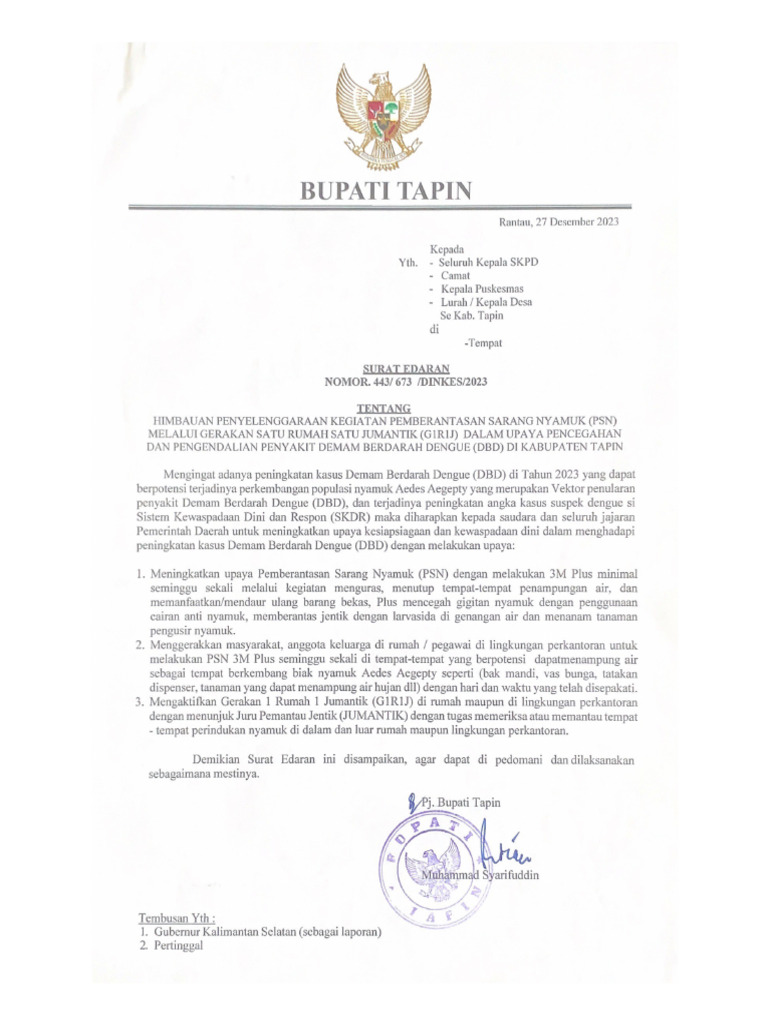 Surat Edaran PJ Bupati Tapin | PDF