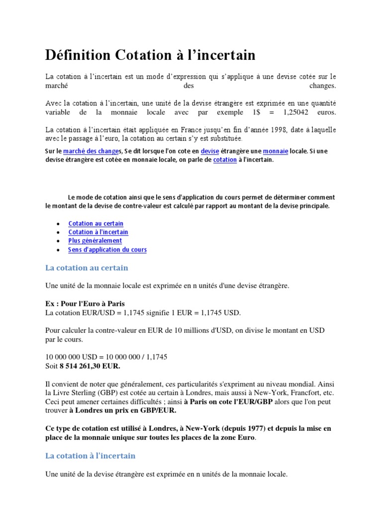 Définition Cotation À L | PDF | euro | Forex