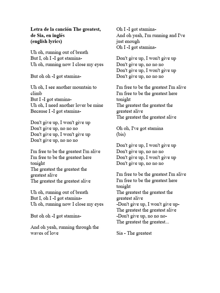 Letra de La Canción The Greatest | PDF | Música grabada | Grabación de ...