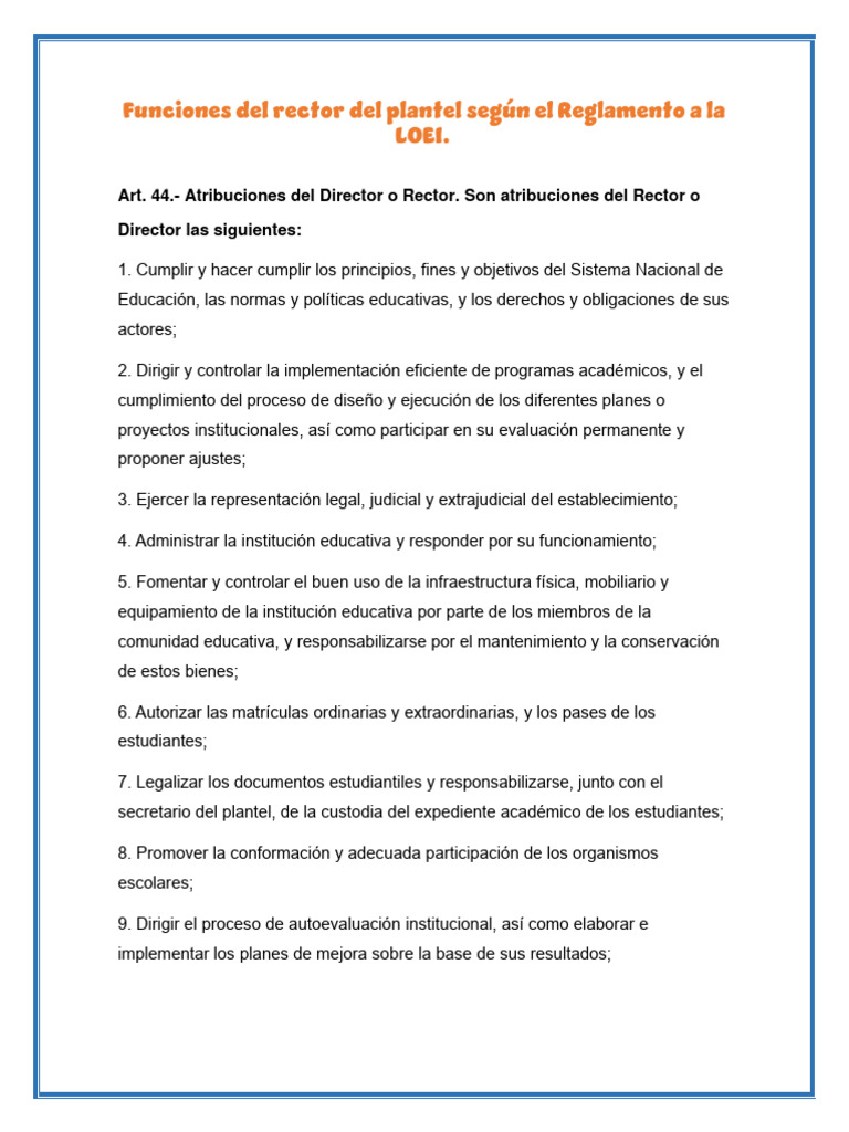 Funciones del rector del plantel según el Reglamento a la LOEI | PDF | Evaluación | Disciplinas
