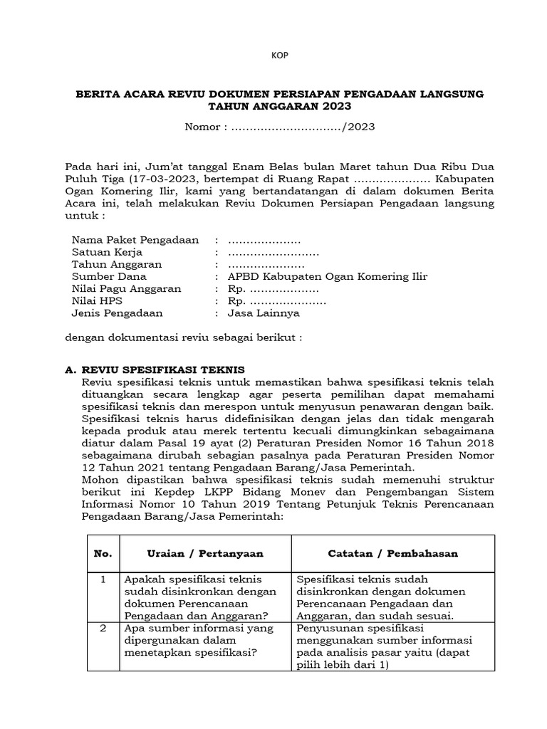 Berita Acara Reviu Dokumen Persiapan Pengadaan | PDF
