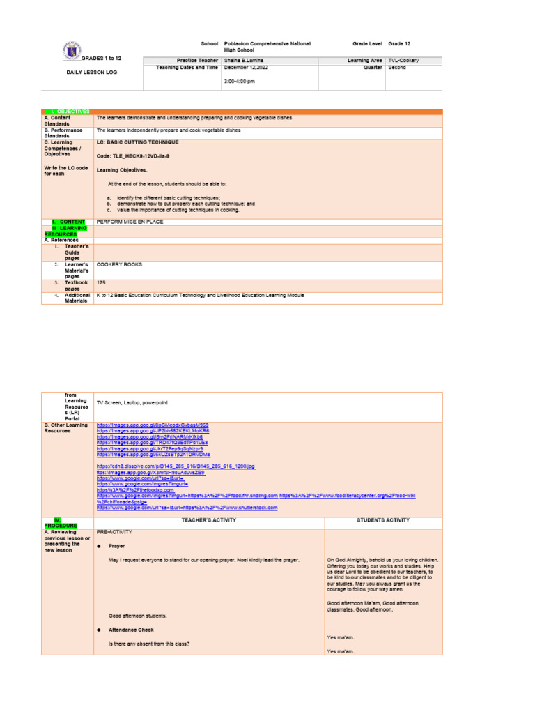 Cutting Tech. DLP 11-12-22 | PDF | Learning | Cooking