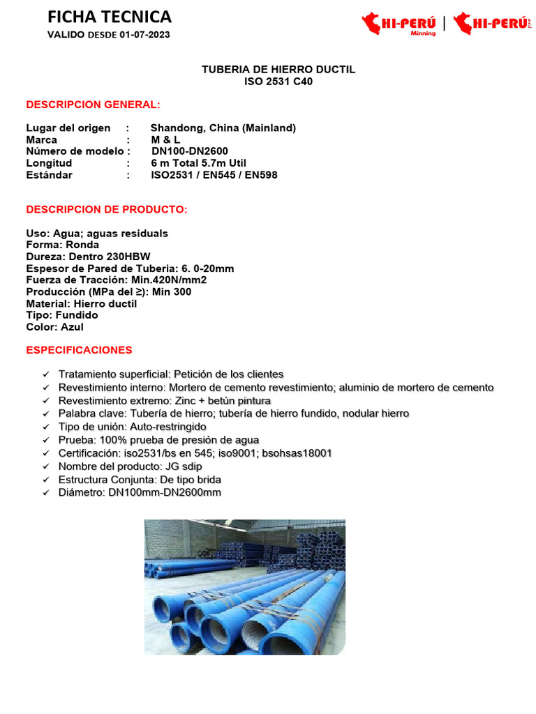 Tubería Hierro Dúctil ISO 2531 C40 | PDF