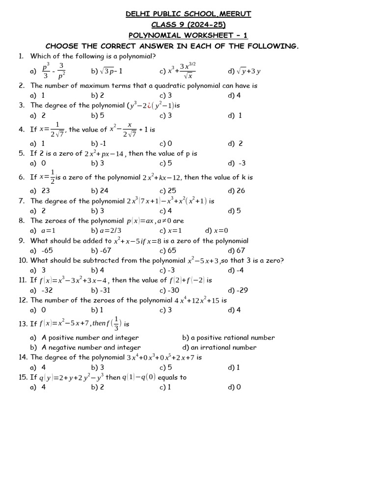 Class 9 Polynomial Worksheet 2024-25 | PDF | Numbers | Polynomial