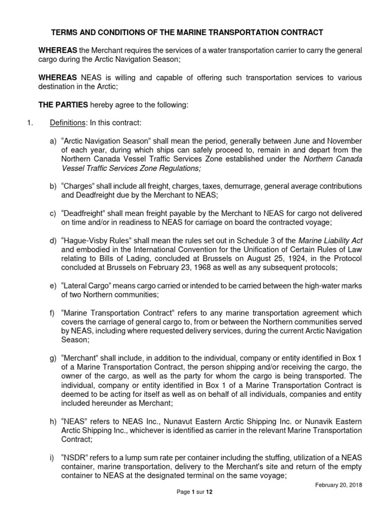NEAS Marine Transport Contract Terms | PDF | Cargo | Dangerous Goods