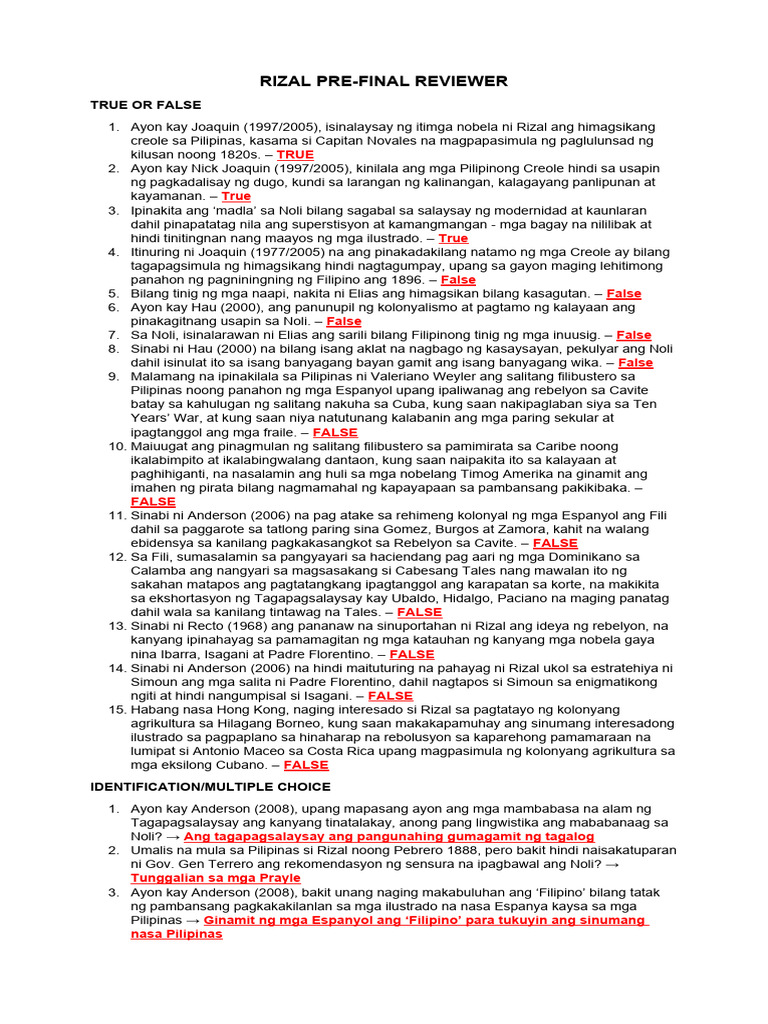 Rizal Reviewer Pre-Final | PDF