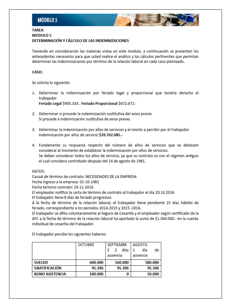 Tarea 1 Modulo 5 Indemnizaciones | PDF | Economias | Labor