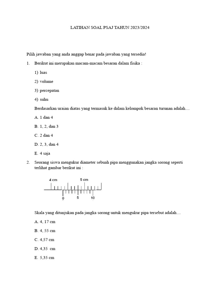 LATIHAN SOAL FISIKA PSAJ TAHUN 2024 | PDF