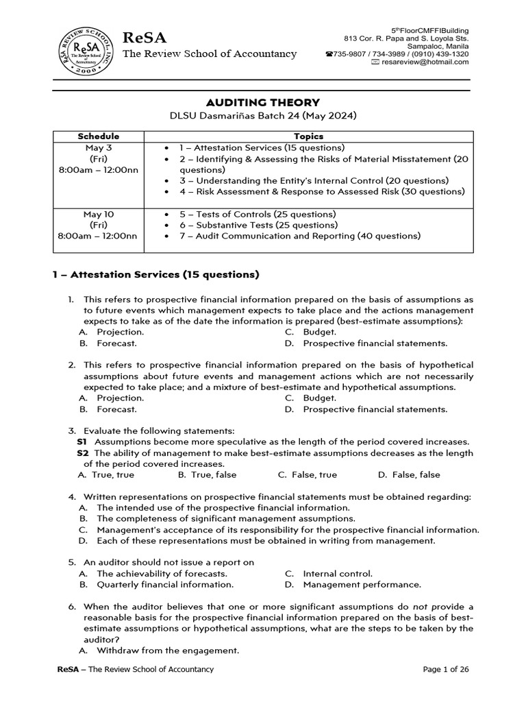 Auditing Theory Review Schedule May 2024 | PDF | Financial Audit ...