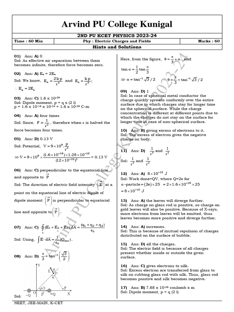 2nd Pu Kcet Physics Sol | PDF | Flux | Electric Field