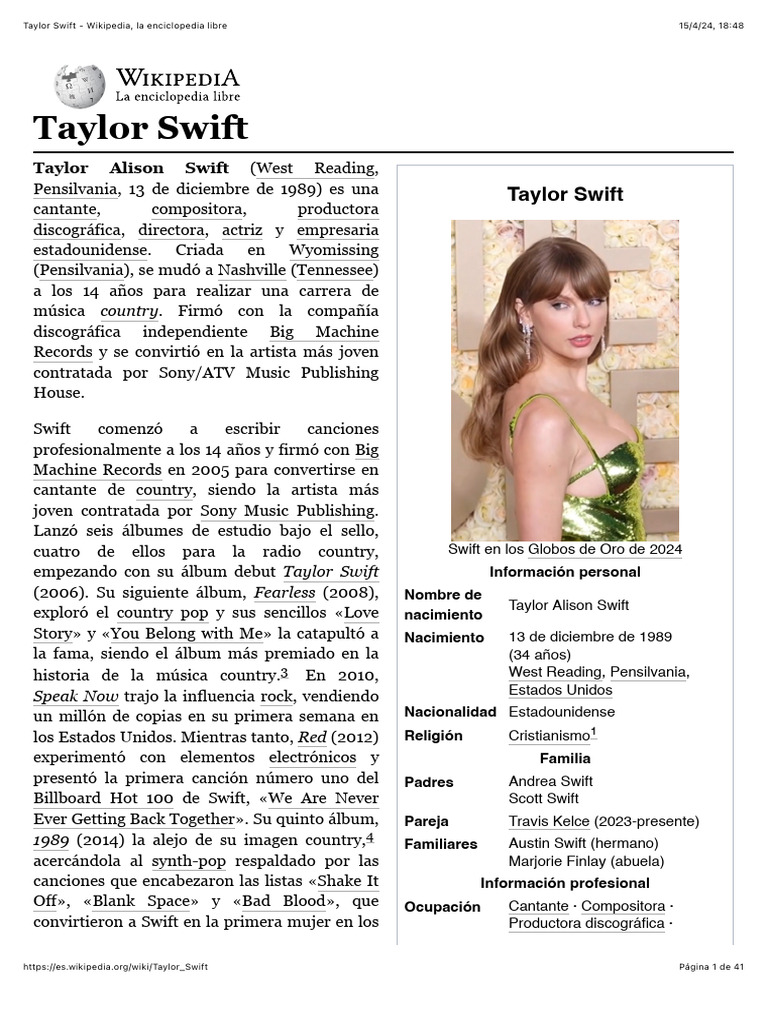 Texto Original Biografía Taylor Swift | PDF | Taylor Swift | Canciones ...