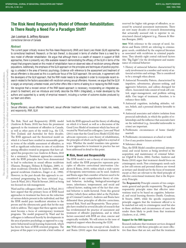 The Risk Need Responsivity Model of Offender Rehabilitation | PDF ...