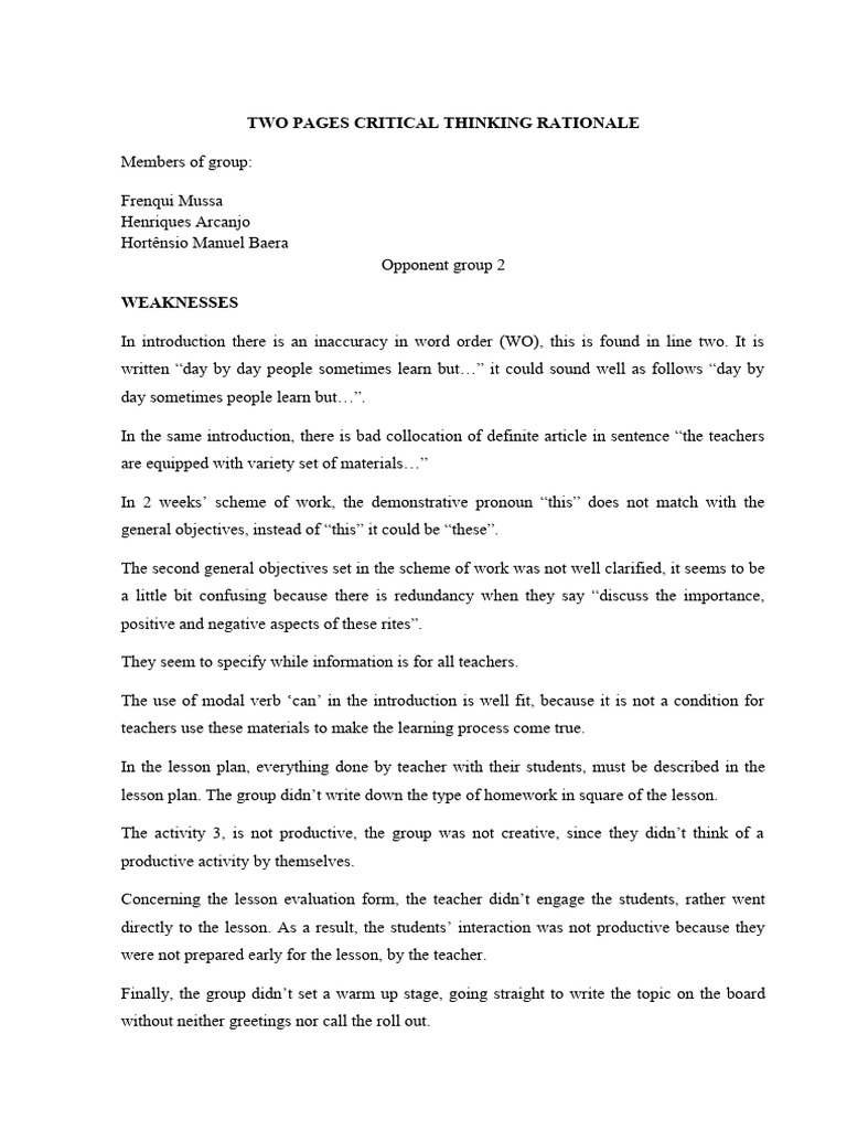2 Pages Rationale | PDF | Lesson Plan | Cognition