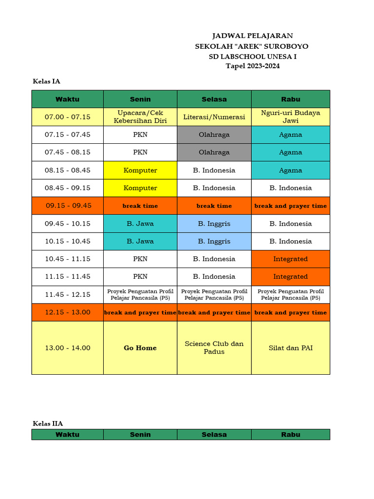 Jadwal Pelajaran Tapel 2023-2024-1 | PDF