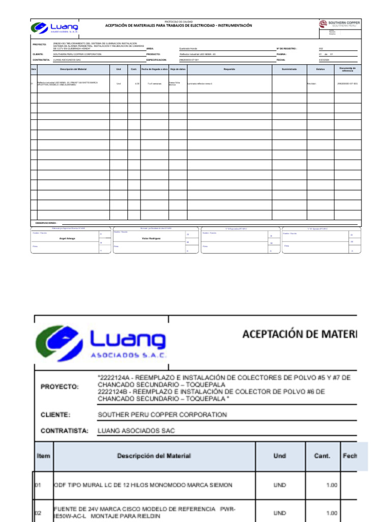 Formato de Aceptación de Materiales Electricidad e Instrumentación ...