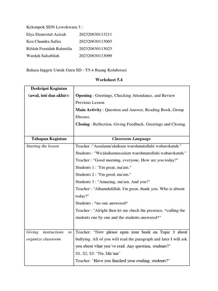 T5-4 Ruang Kolaborasi_Worksheet 5.4_Kel SDN Lowokwaru 3 | PDF | Learning | Behavior Modification