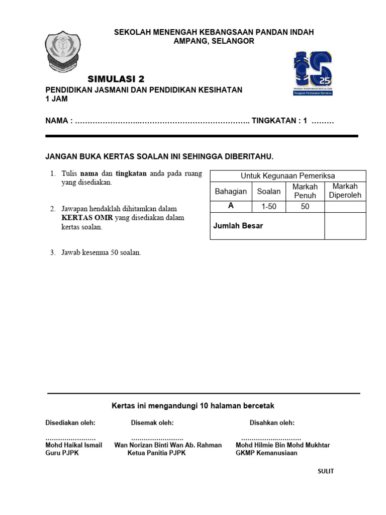 Simulasi 2 PJPK Tingkatan 1 2023 | PDF