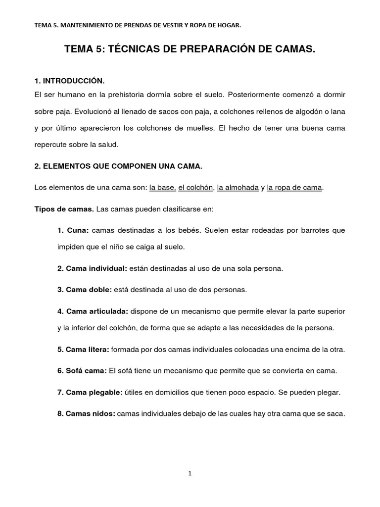 Tema 5 T CNICA DE PREPRACI N DE CAMA DEFINITIVO PDF Colch n Cama