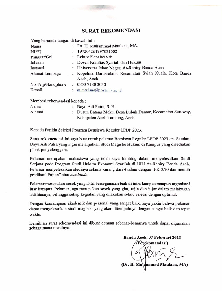 Surat Rekomendasi LPDP - 1 | PDF