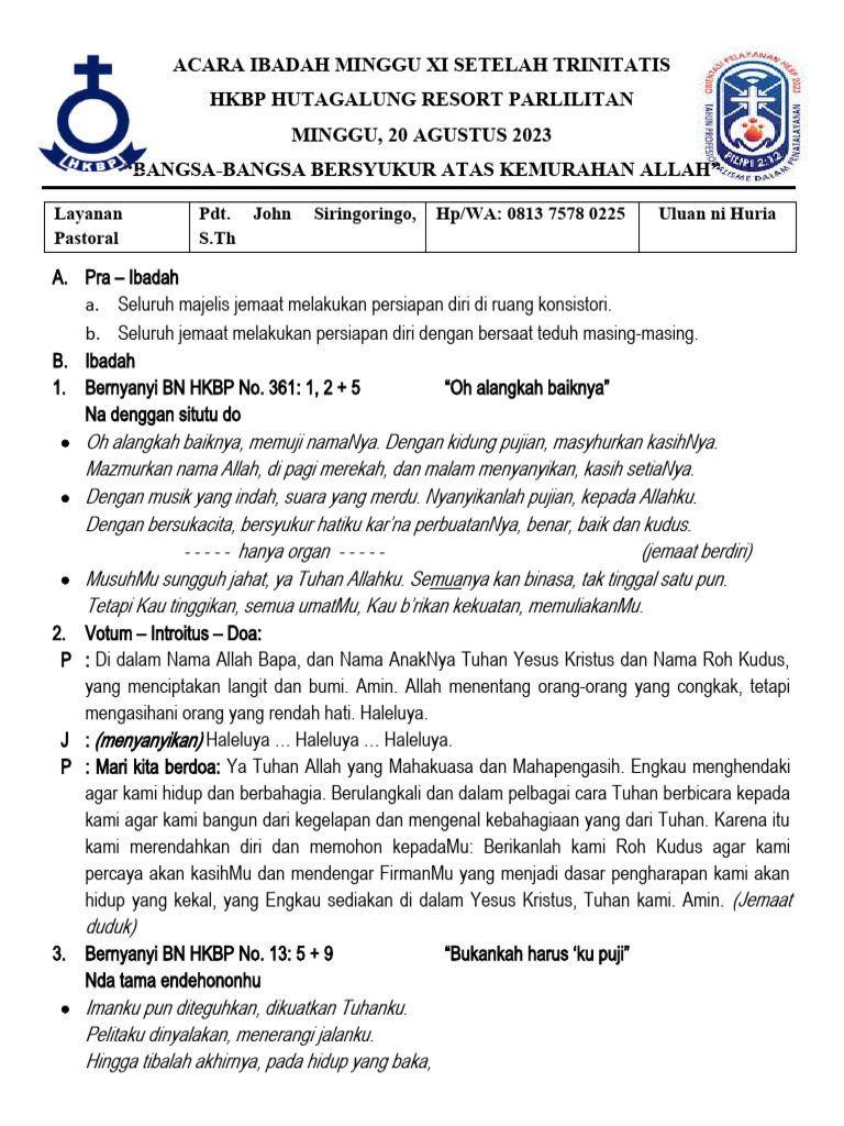 Acara Ibadah Minggu Xi Setelah Trinitatis | PDF