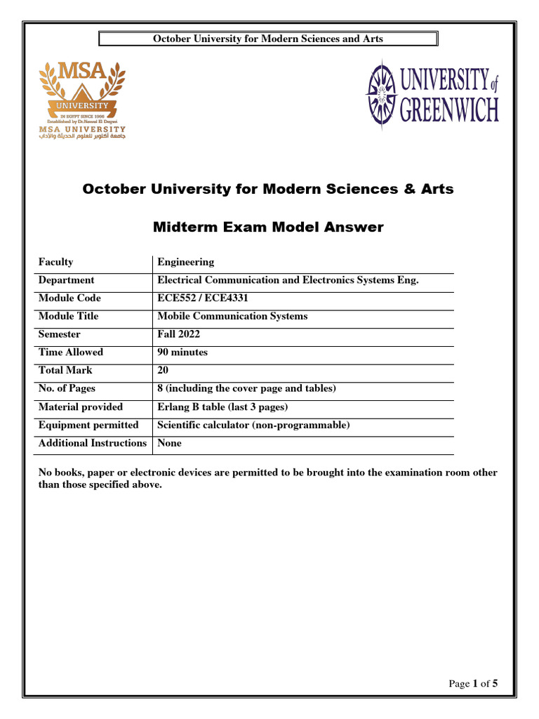 ECE552 midtermExamAnswerFall2022 | PDF | Cellular Network | Telecommunications Engineering