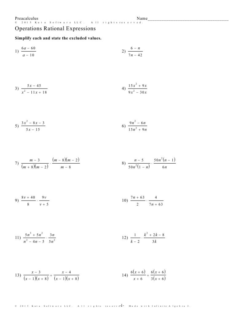 Operations with Rational Expressions Worksheet | PDF