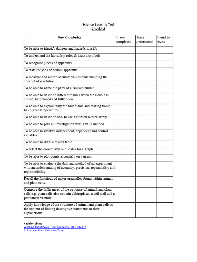 Science Baseline Checklist 2023 1 | PDF
