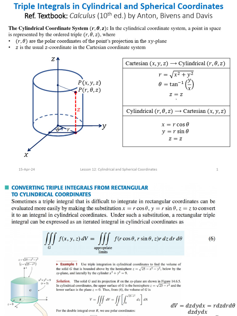 Lesson 12 Cylindrical And Spherical Coordinate Pdf Coordinate System Cartesian